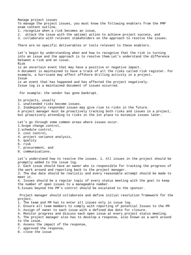 Manage Project Issues Pdf Risk Business