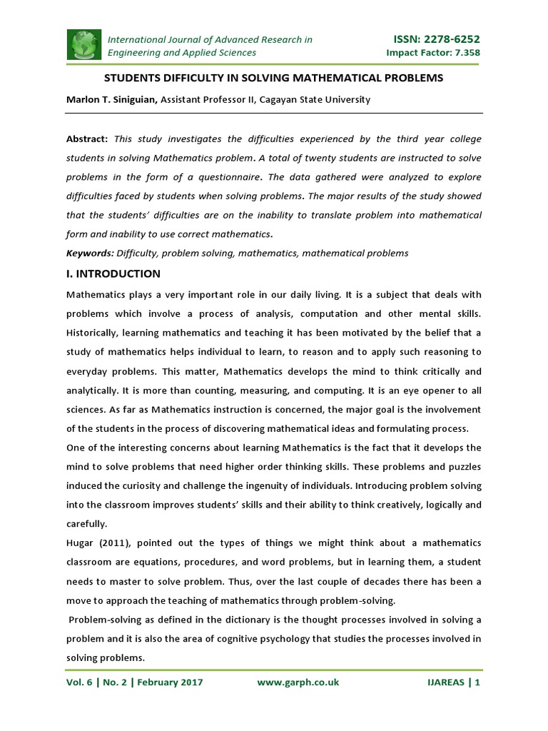 Students Difficulty in Solving Mathematical Problems | PDF ...