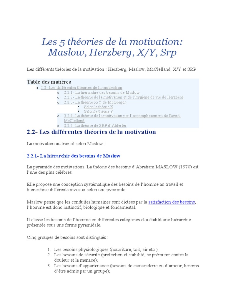 Les 5 théories de la motivation au travail | PDF | Motivation | Motivant
