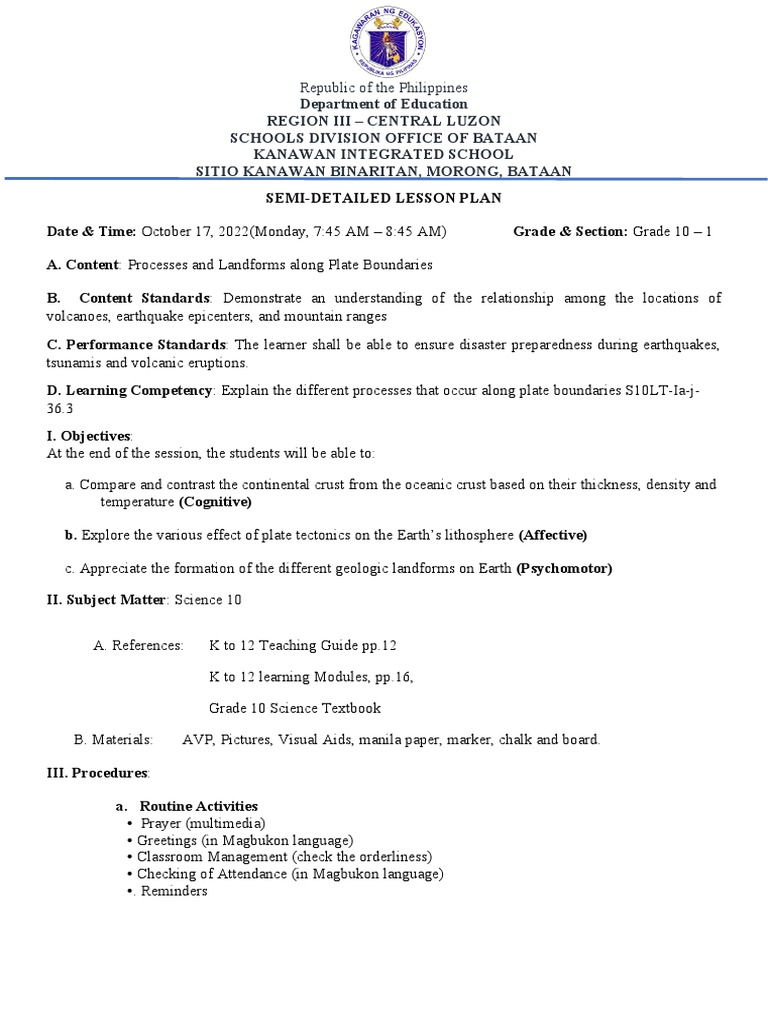 Grade 10 Plate Tectonics Lesson Plan | PDF