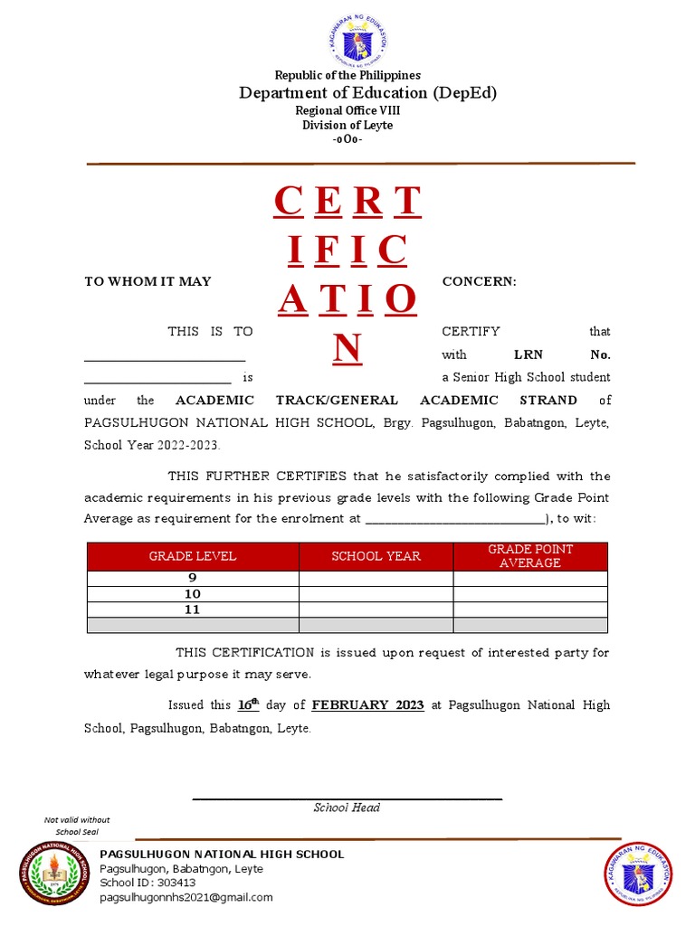 GWA Certification for Senior High School | PDF