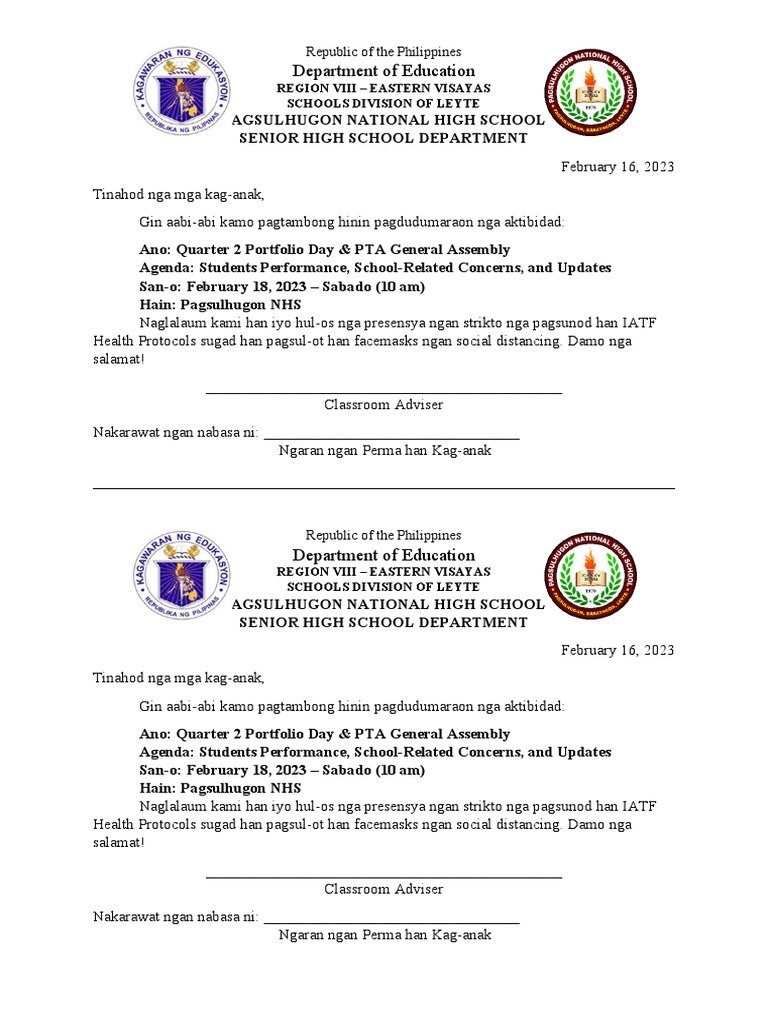 Letter To Parents - Quarter 2 Portfolio Day and Pta General Assembly | PDF