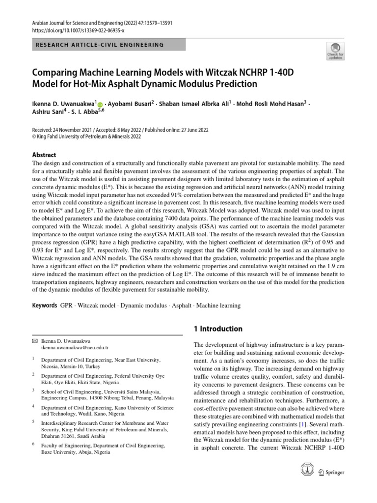 Comparing Machine Learning Models With Witczak NCHRP 1-40D Model For Hot-Mix Asphalt Dynamic ...
