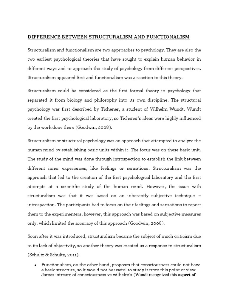 Difference Between Structuralism and Functionalism | PDF | Psychology | Methodology