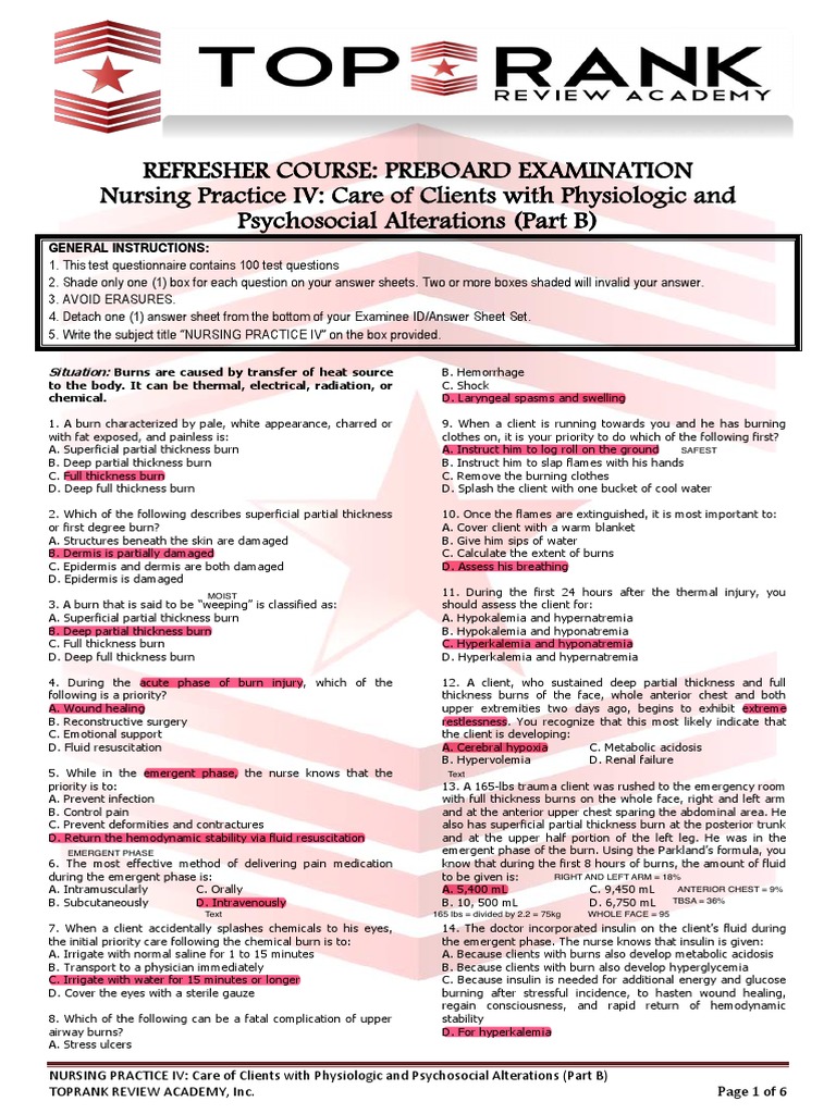 Refresher Course: Preboard Examination Nursing Practice IV: Care of Clients With Physiologic and ...