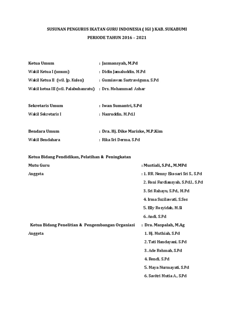 Susunan Pengurus Ikatan Guru Indonesia New | PDF