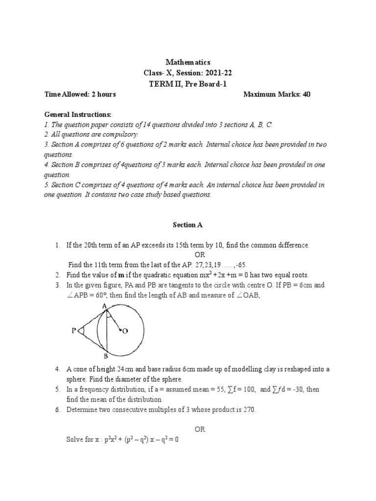 Math Pre Board Exam Guide | PDF | Circle | Sphere