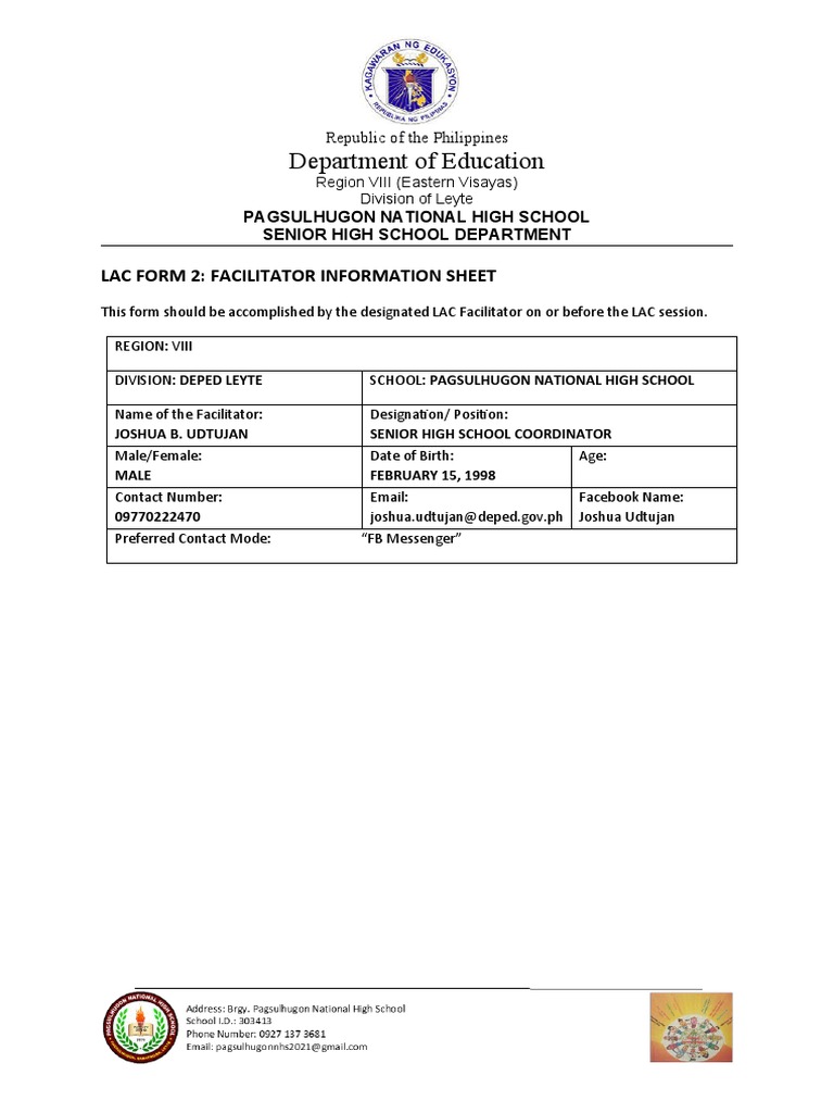 SHS - Lac Form 2: Facilitator's Profile | PDF