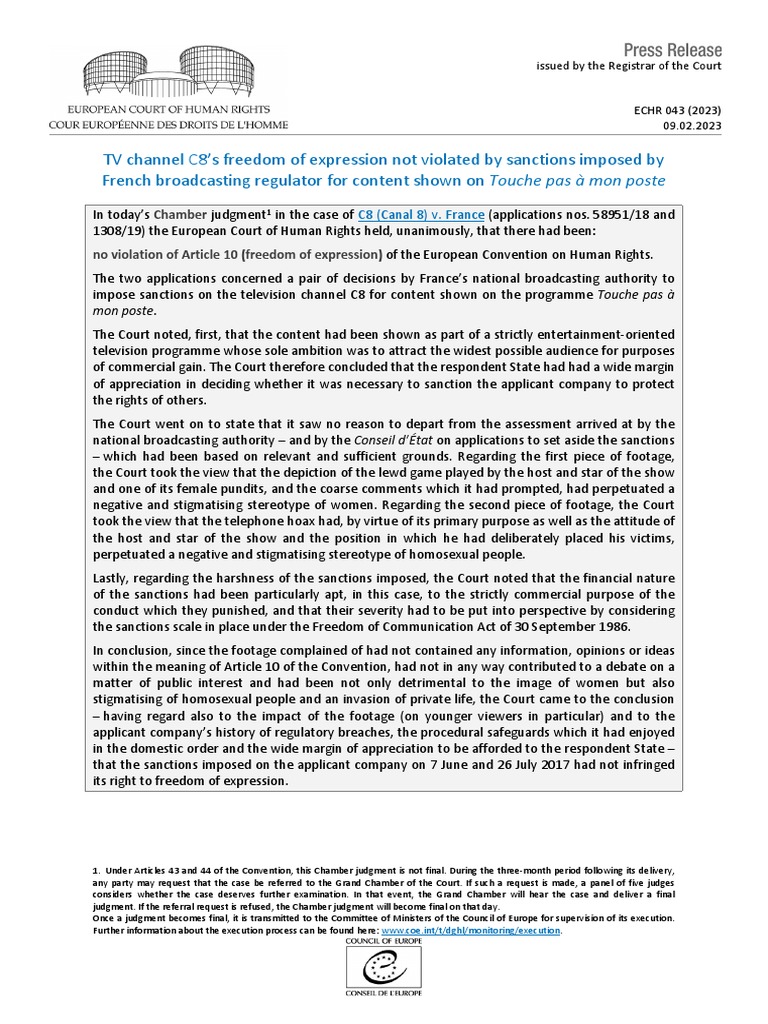 European Court of Human Rights Upholds Sanctions Against French TV Channel for Offensive Content ...