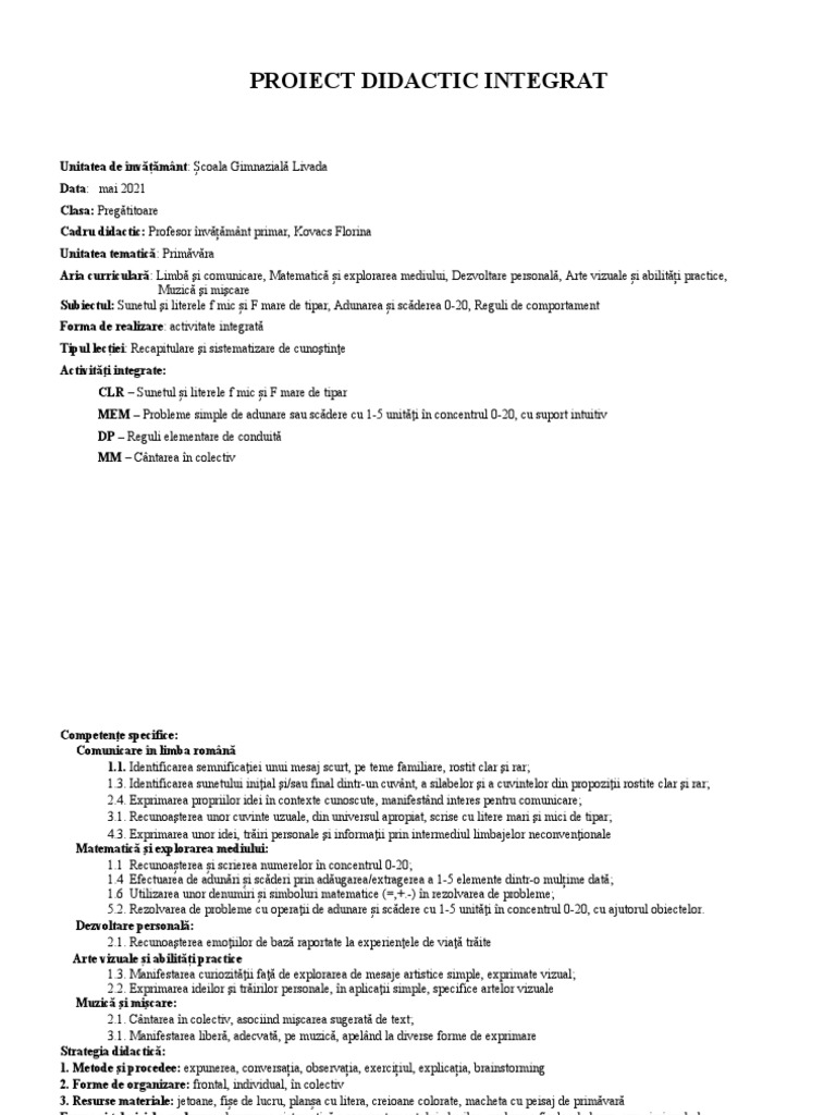 Proiect Didactic Integrat | PDF