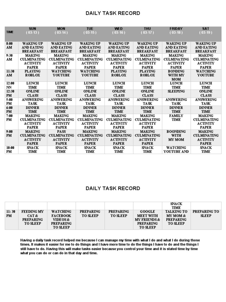 Daily Task Record With Reflection | PDF | Eating Behaviors Of Humans ...