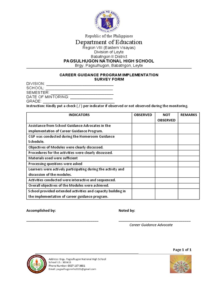 CAREER GUIDANCE PROGRAM IMPLEMENTATION SURVEY FORM | PDF