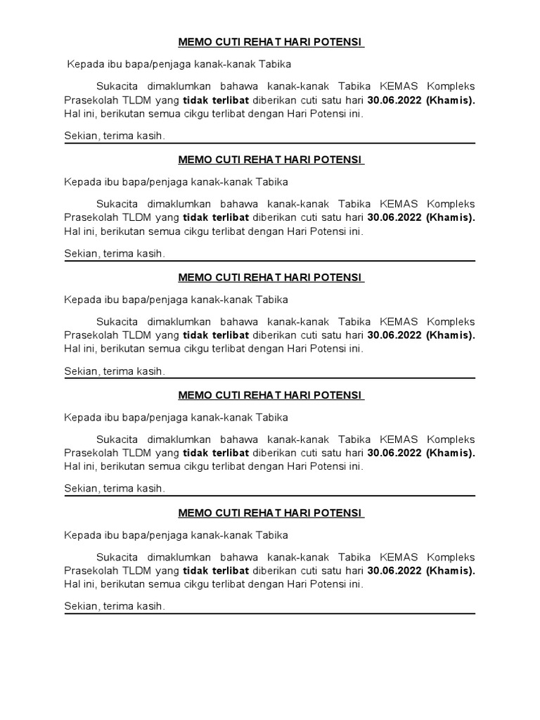 Memo Cuti Rehat Hari Potensi | PDF