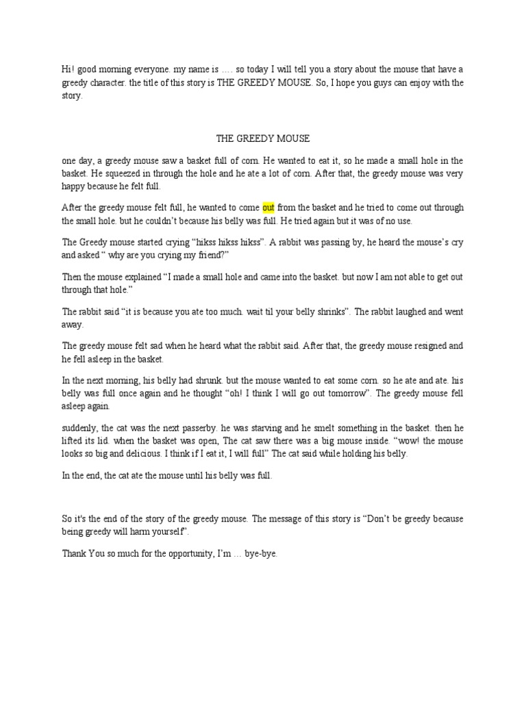 The Greedy Mouse Story Summary | PDF | Cooking, Food & Wine