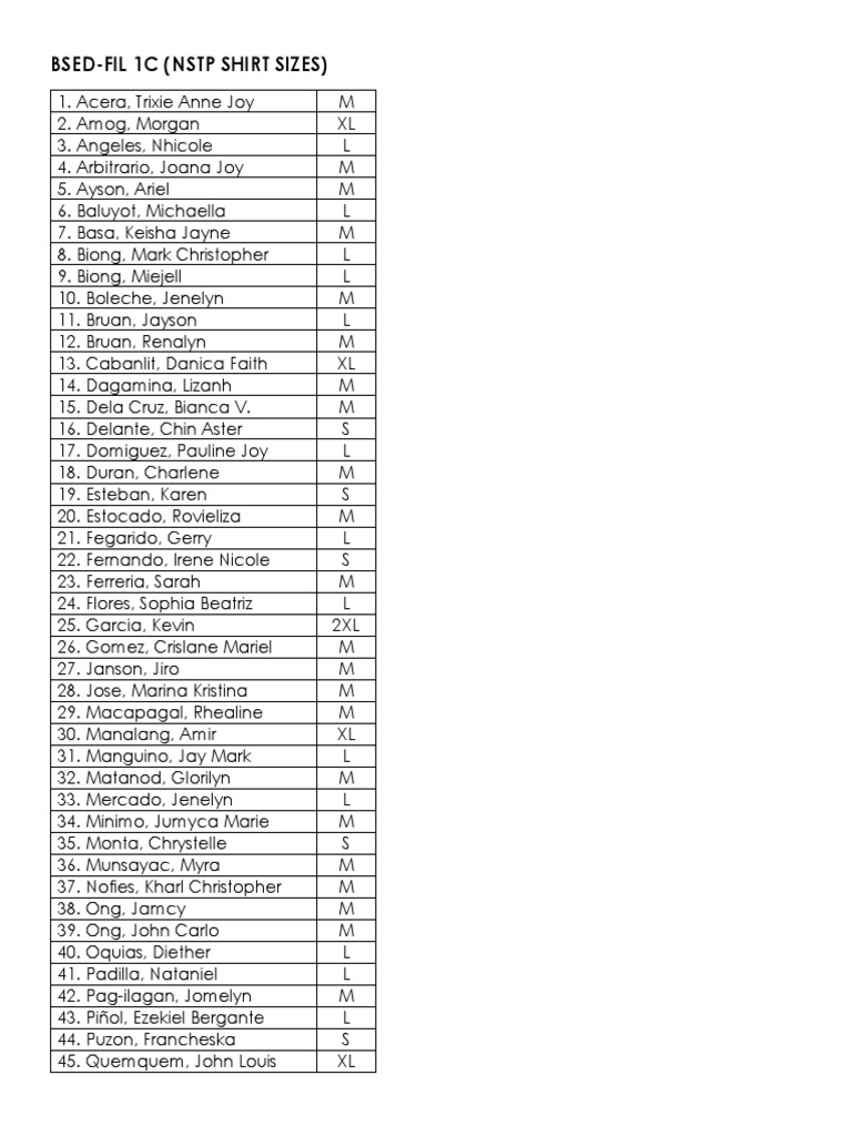 NSTP Shirt Size Bsed Fil 1c | PDF