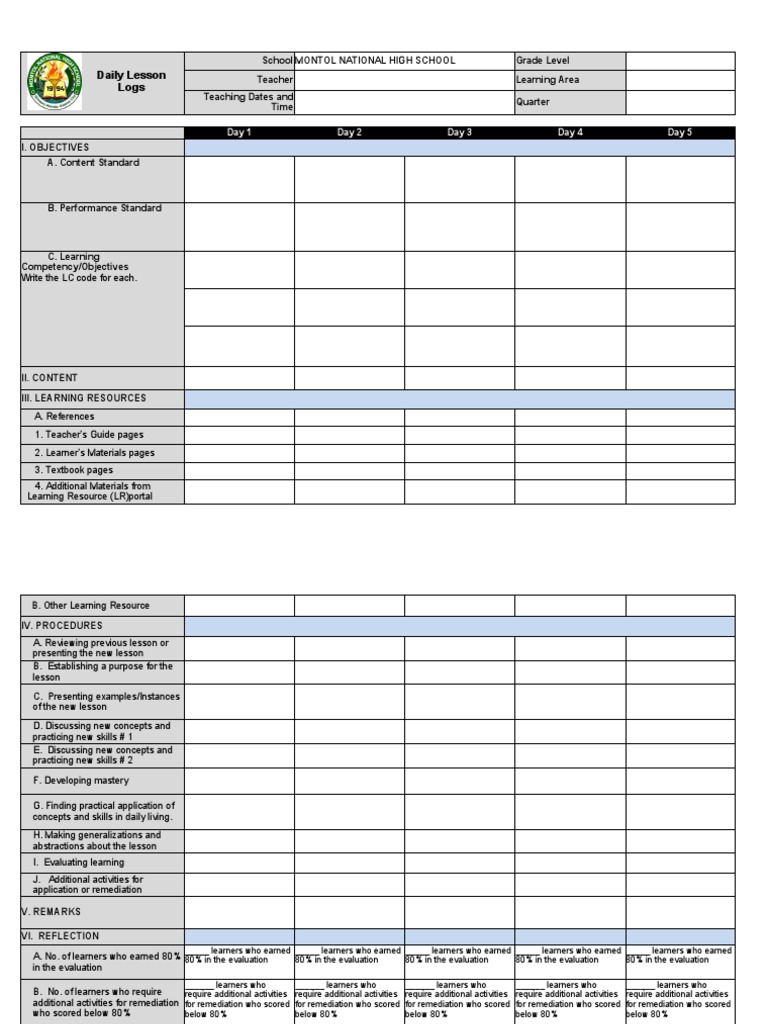 Daily Lesson Logs: Day 1 Day 2 Day 3 Day 4 Day 5 | PDF | Learning | Teachers