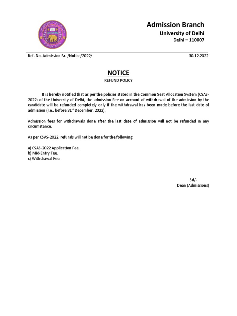 University of Delhi Admission Refund Policy | PDF