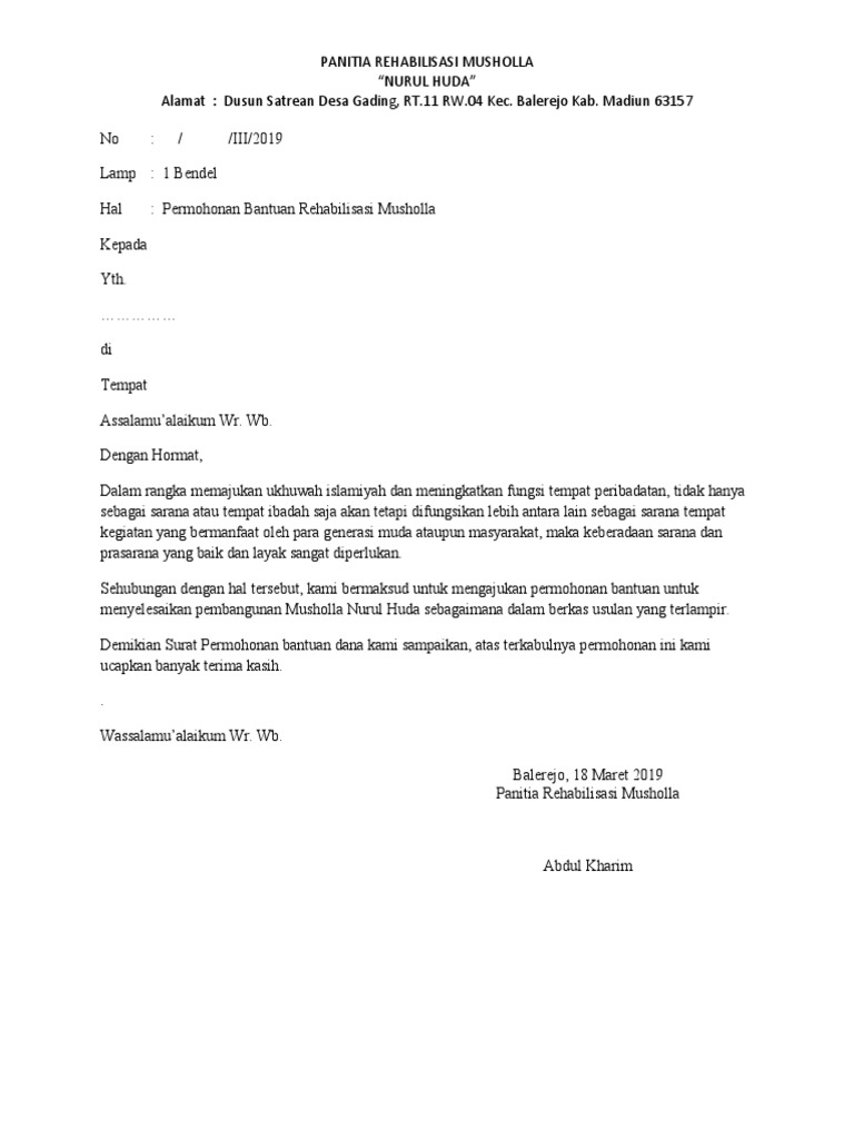 Proposal Permohonan Bantuan Pembangunan Mushalla Sabillul | PDF | Agama & Spiritualitas