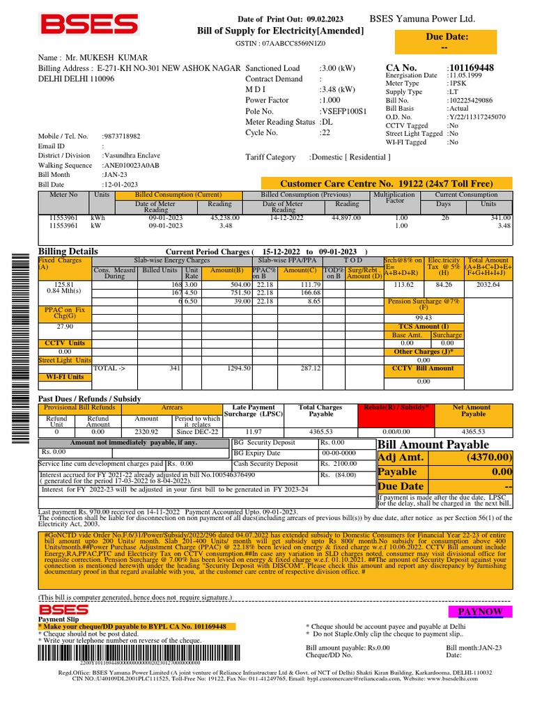 Bill of Supply For Electricity (Amended) Due Date: - : BSES Yamuna Power LTD | PDF