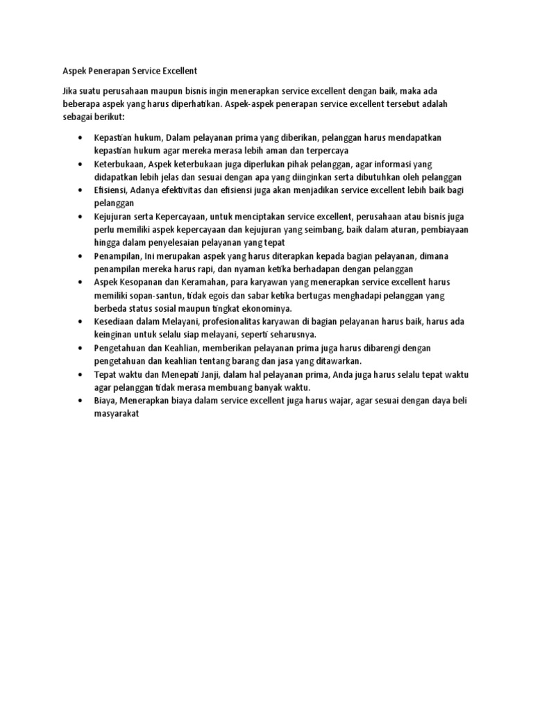 Aspek Penerapan Service Excellent | PDF | Karier & Perkembangan | Bisnis