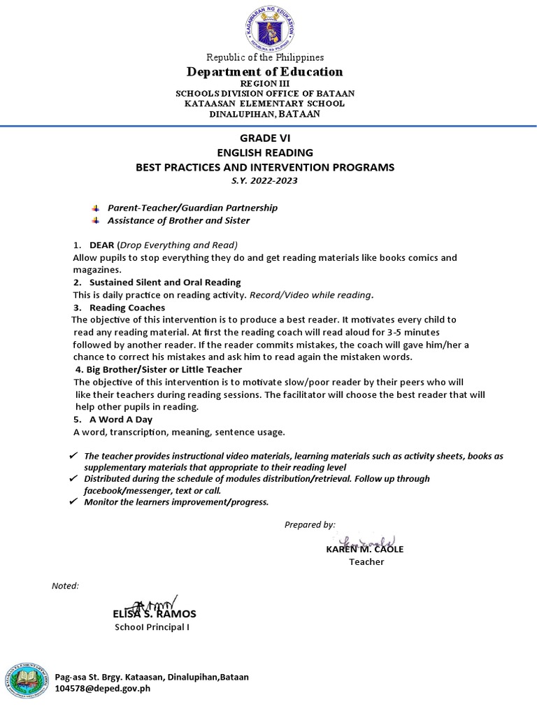 Grade Vi English and Filipino Reading Interventions | PDF | Teachers ...