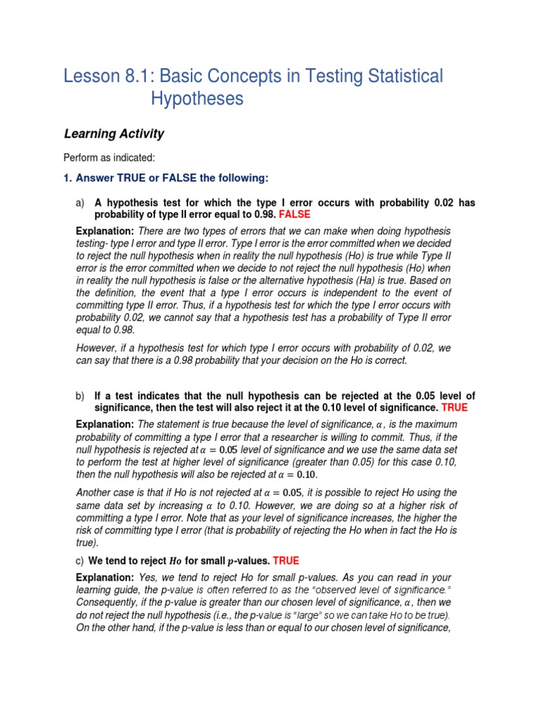 Answers To The Learning Activities From Module 8 | Download Free PDF | Type I And Type Ii Errors ...