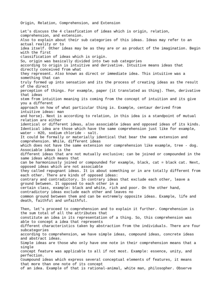 Origin, Relation, Comprehension, and Extension of Ideas | PDF | Idea ...
