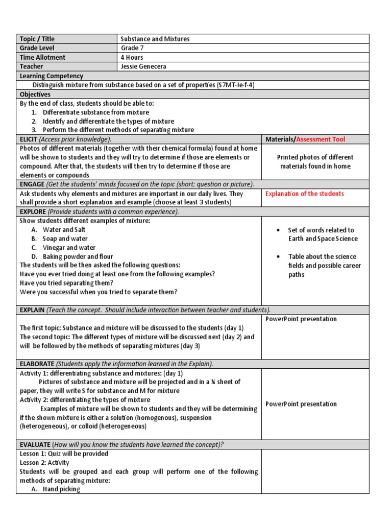 Lesson-Plan 1 | PDF | Mixture | Chemical Substances