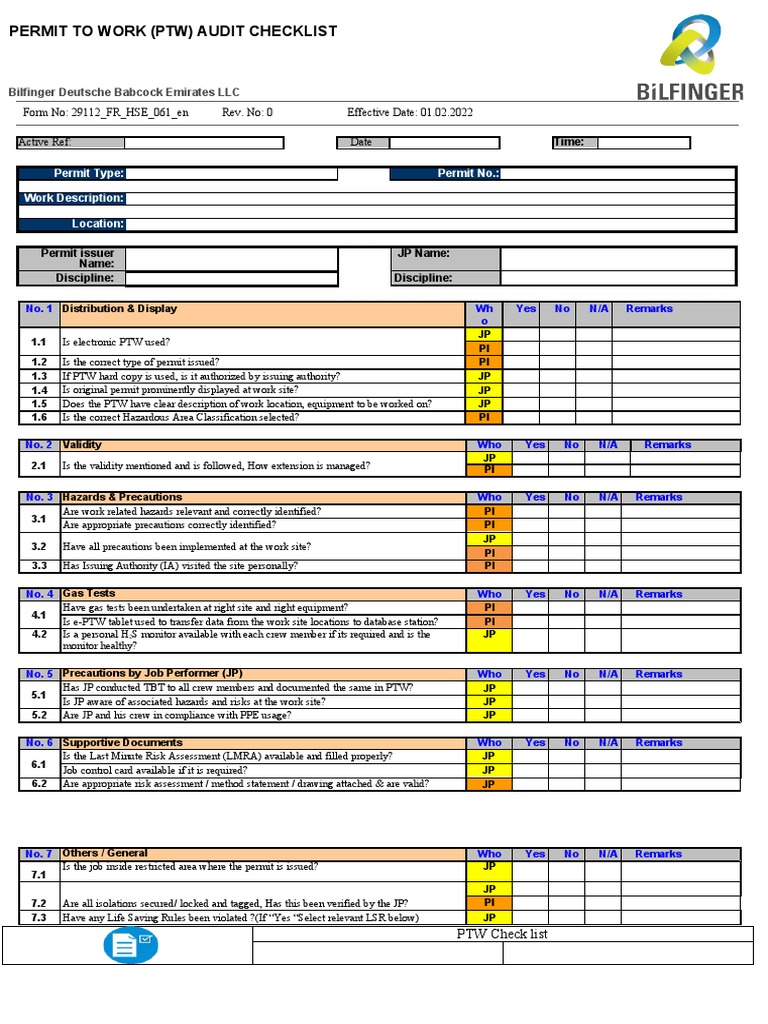 FR - HSE - 061 - en Permit To Work Audit Checklist | PDF | Business ...