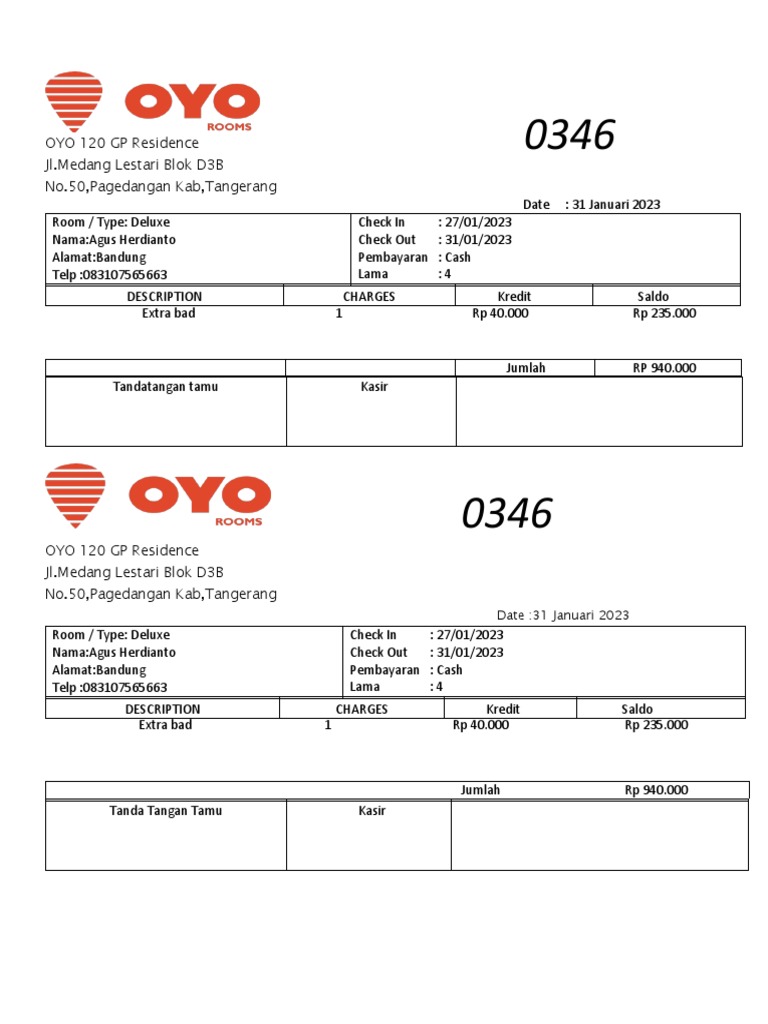 Kwitansi Penginapan OYO 120 GP Residence | PDF