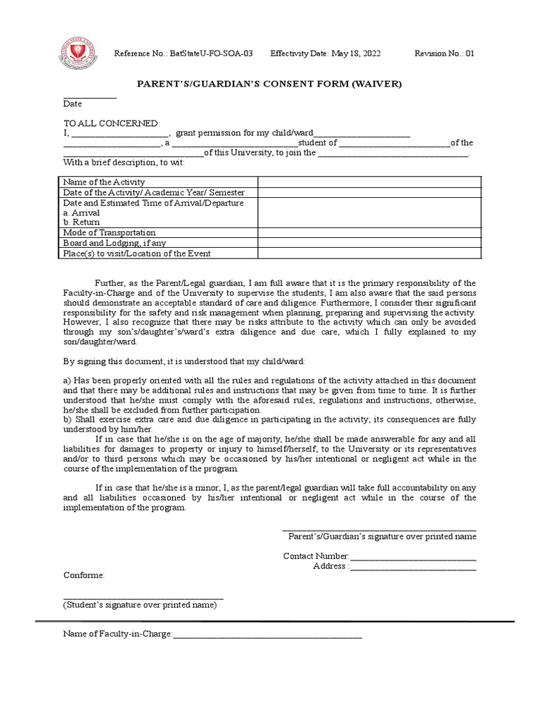 BatStateU FO SOA 03 - Parents Consent Form Waiver - Rev. 01 | PDF ...