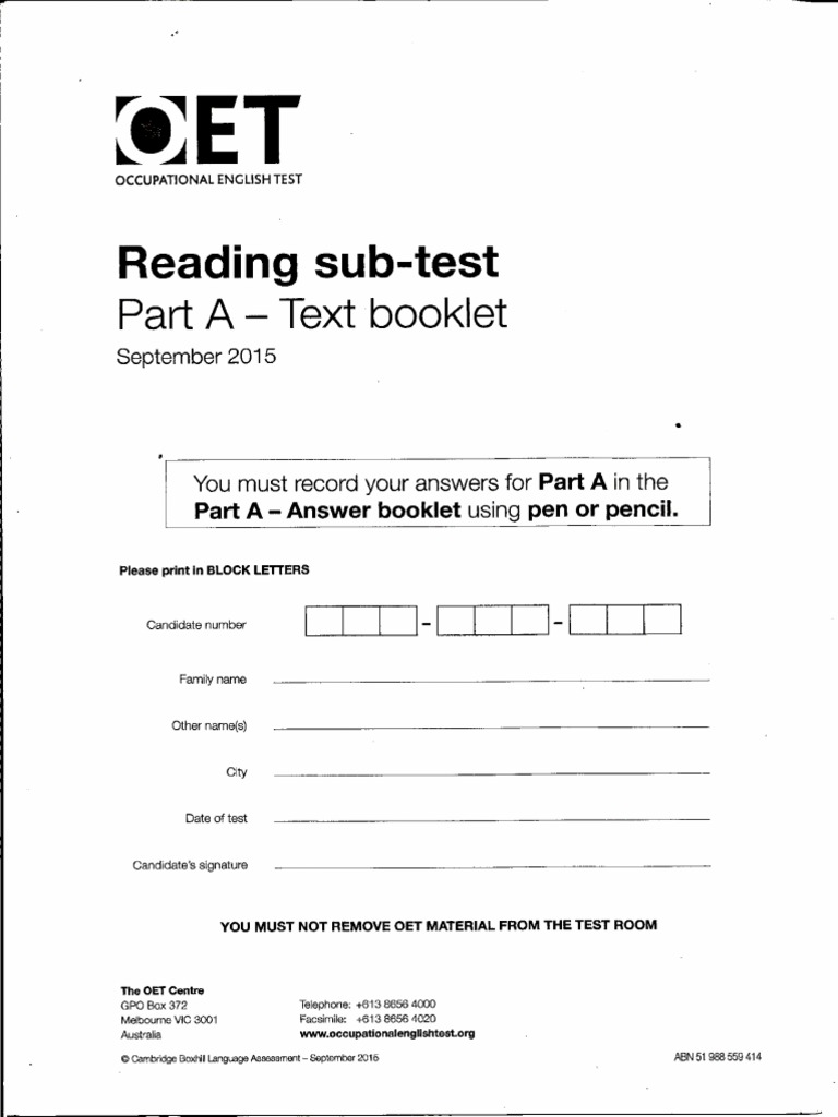 OET Reading A September 2015 | PDF