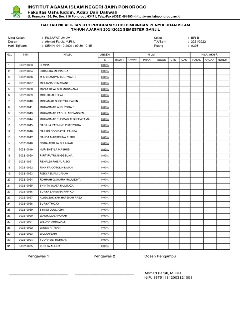 Absensi Ganjil 21-22 BPI.B Fil. Umum | PDF