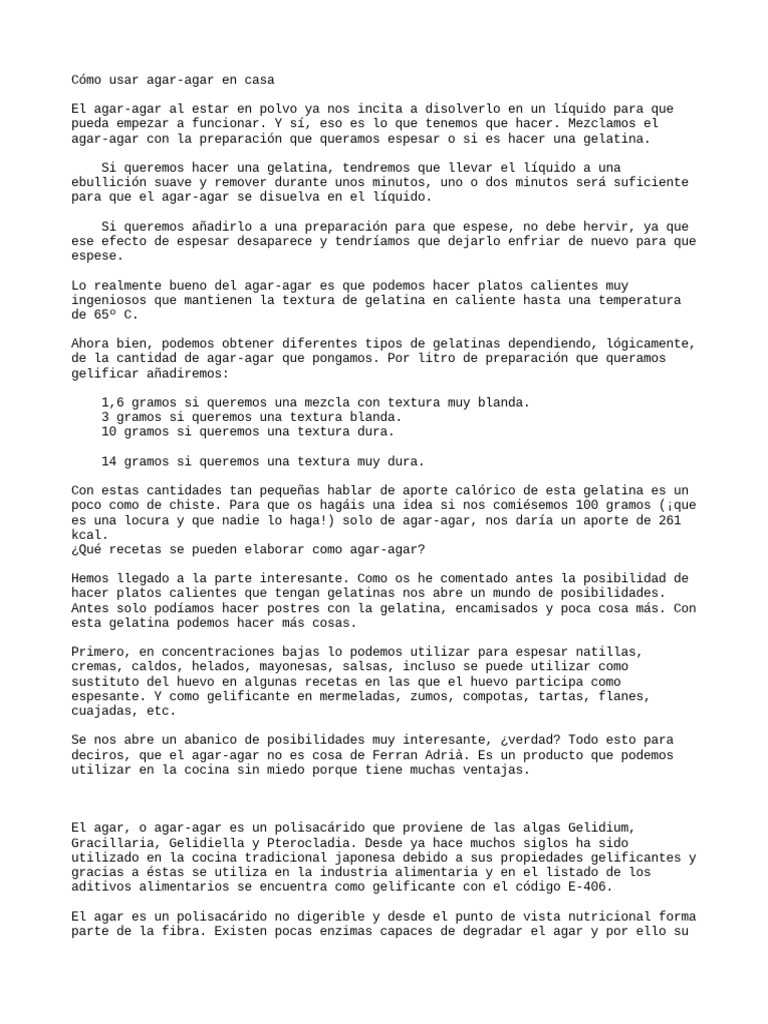 Uso y propiedades del agar-agar en cocina | PDF | Agar | Gel