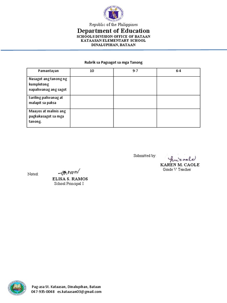 RUBRIk Sa Pagsagot NG Mga Tanong EPP PTASK 3 | PDF