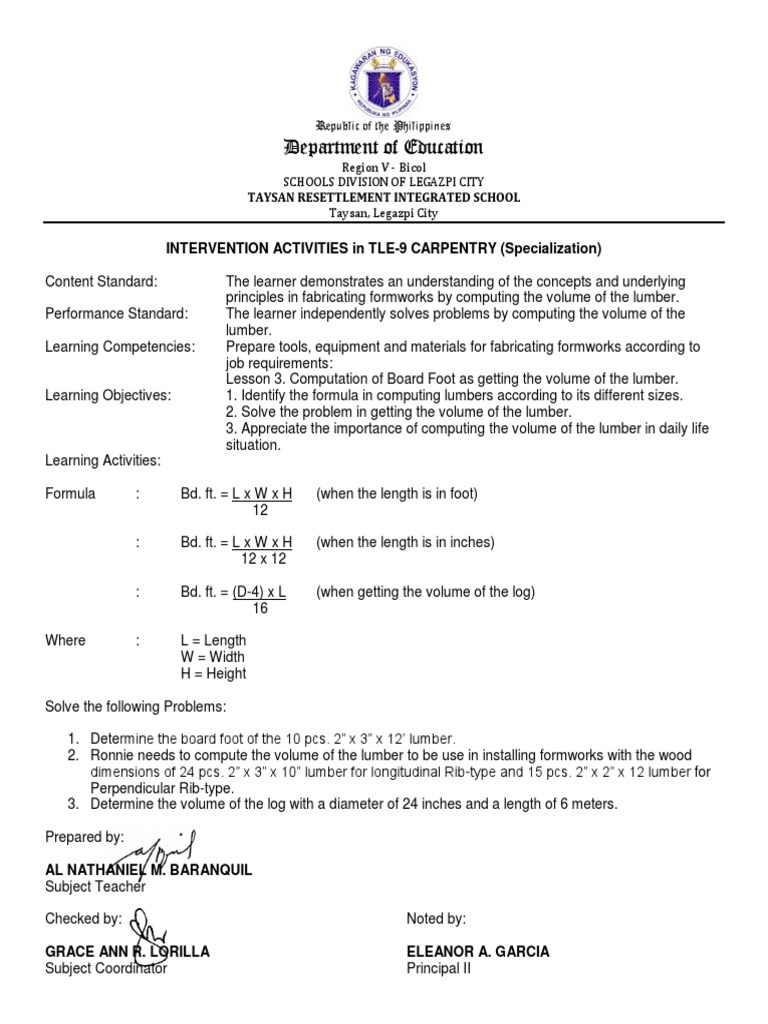 Intervention Activities in TLE-9 Carpentry | PDF | Metrology | Geometry