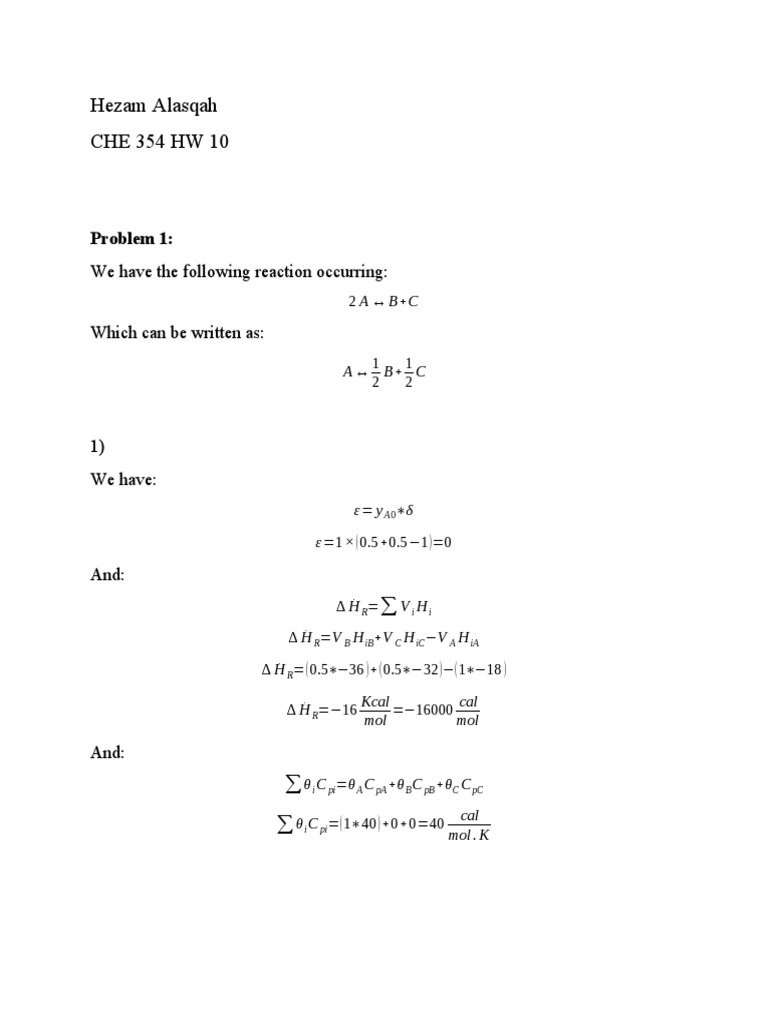 Hezam Alasqah CHE 354 HW 10 | PDF | Reaction Rate | Chemical Reactions