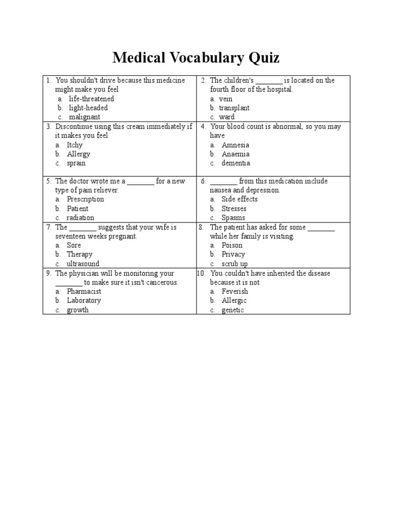 Lesson 1 - Medical Vocabulary Quiz - S | PDF
