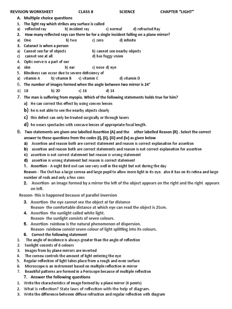 Class 8 Light Revision Worksheet | PDF | Reflection (Physics) | Eye