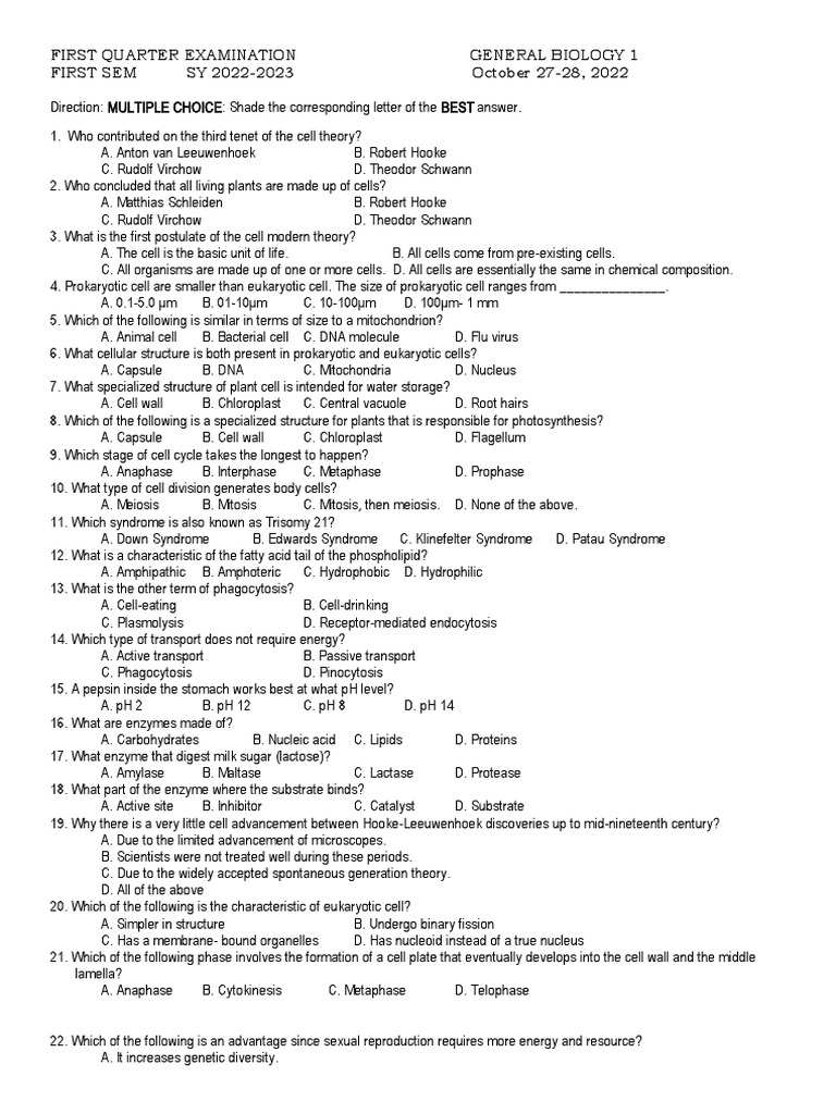 Understanding Cell Theory: An Analysis of a Biology Exam Covering Key ...