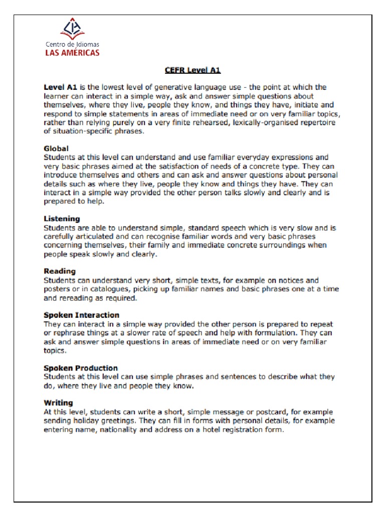 Level A1 Learner Outcomes | PDF