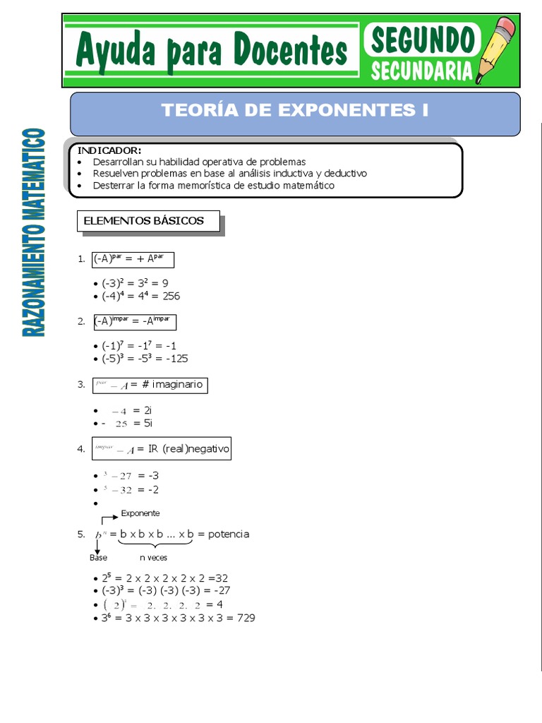 Teoria de Exponentes I para Segundo de Secundaria | PDF ...