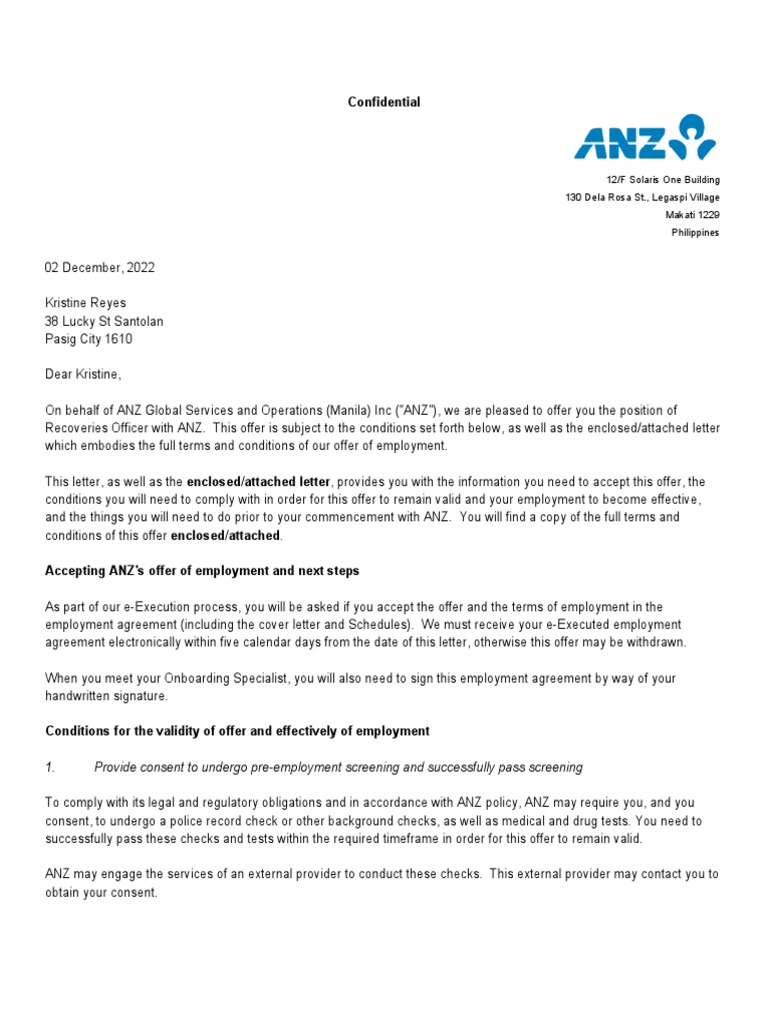 Offer Letter for the Position of Recoveries Officer at ANZ Global ...