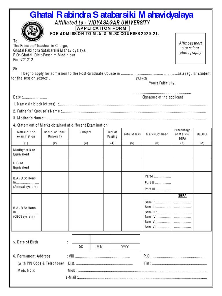 Application for Admission to Postgraduate Courses at Ghatal Rabindra Satabarsiki Mahavidyalaya ...