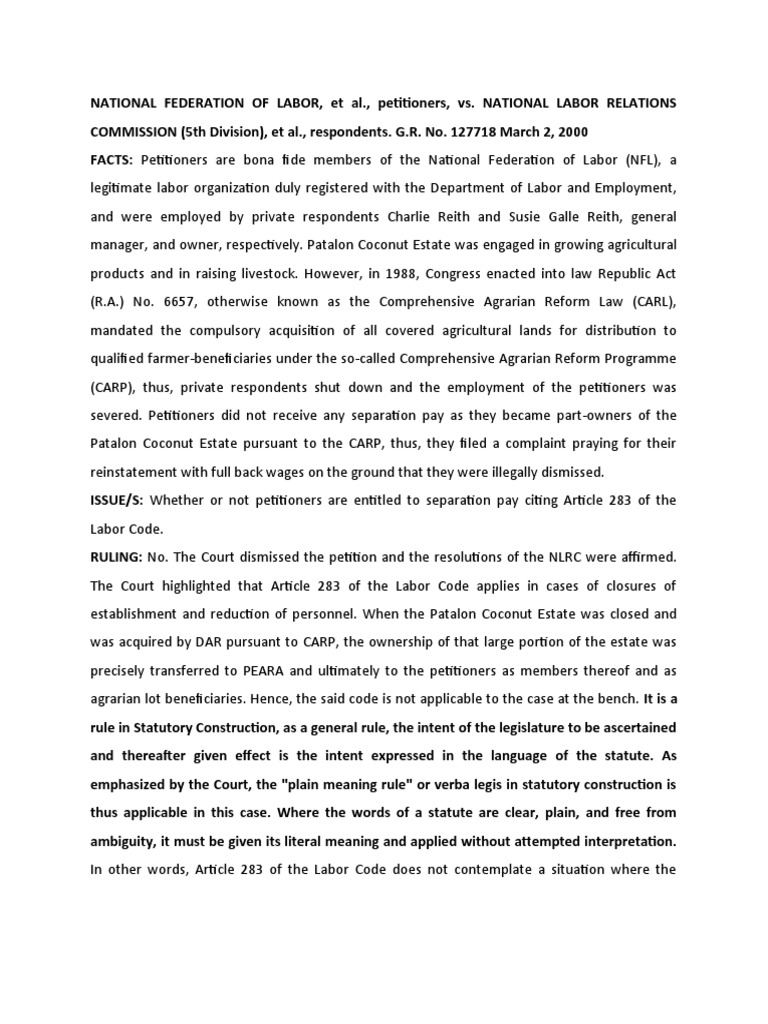 NATIONAL FEDERATION OF LABOR, Et Al., Petitioners, vs. NATIONAL LABOR ...