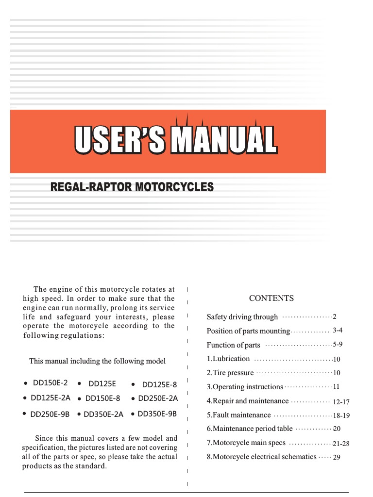 Regal Raptor DD125E-8DD125E-2A Euro 4 Users Manual | PDF | Motorcycle ...