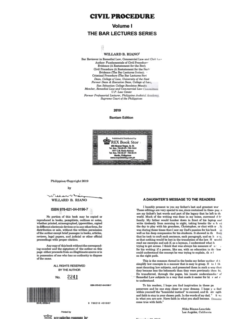 Riano's Civil Procedure Volume I | PDF | Jurisdiction | Cause Of Action