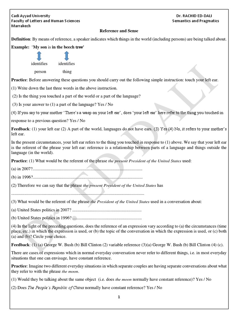 Reference and Sense | PDF | Word | Question