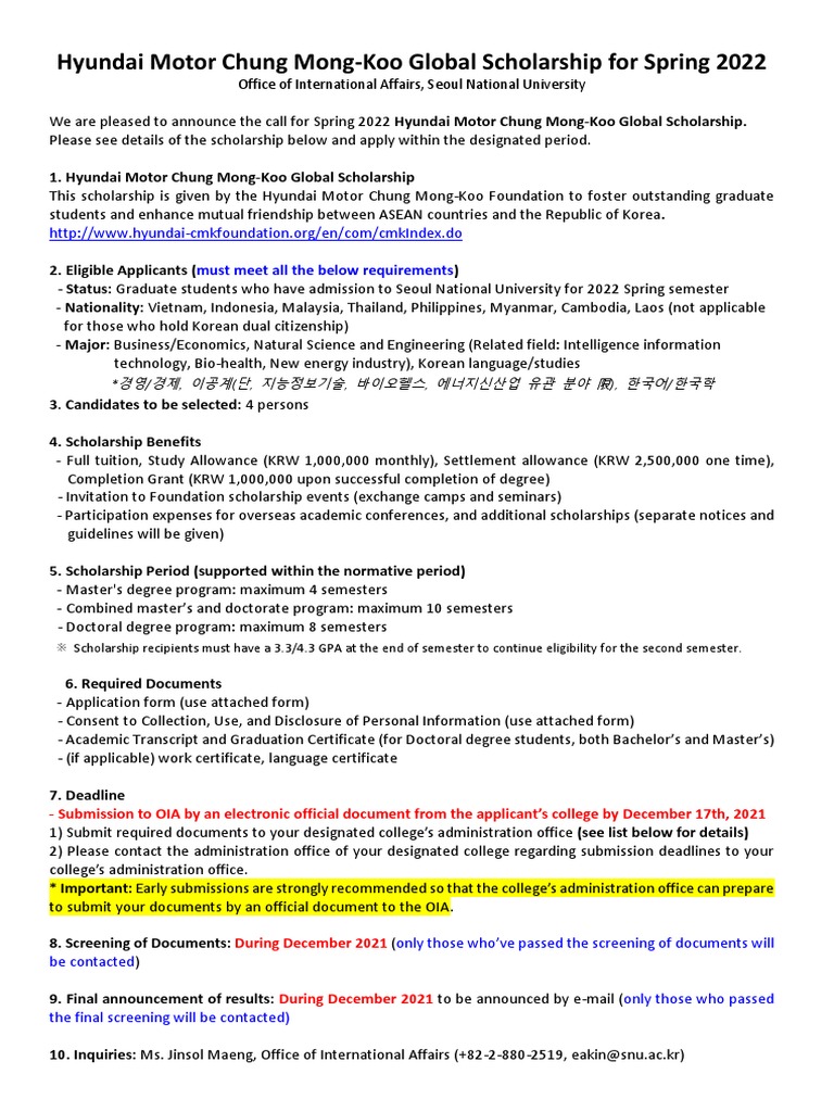Hyundai Motor Chung Mong-Koo Global Scholarship For Spring 2022 | PDF ...