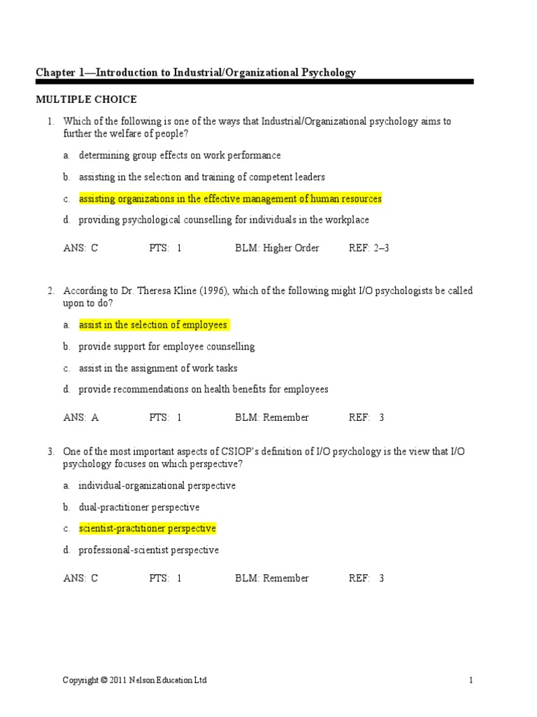 Intro To Industrial Organizational Psychology Chapter 1 Multiple Choice ...